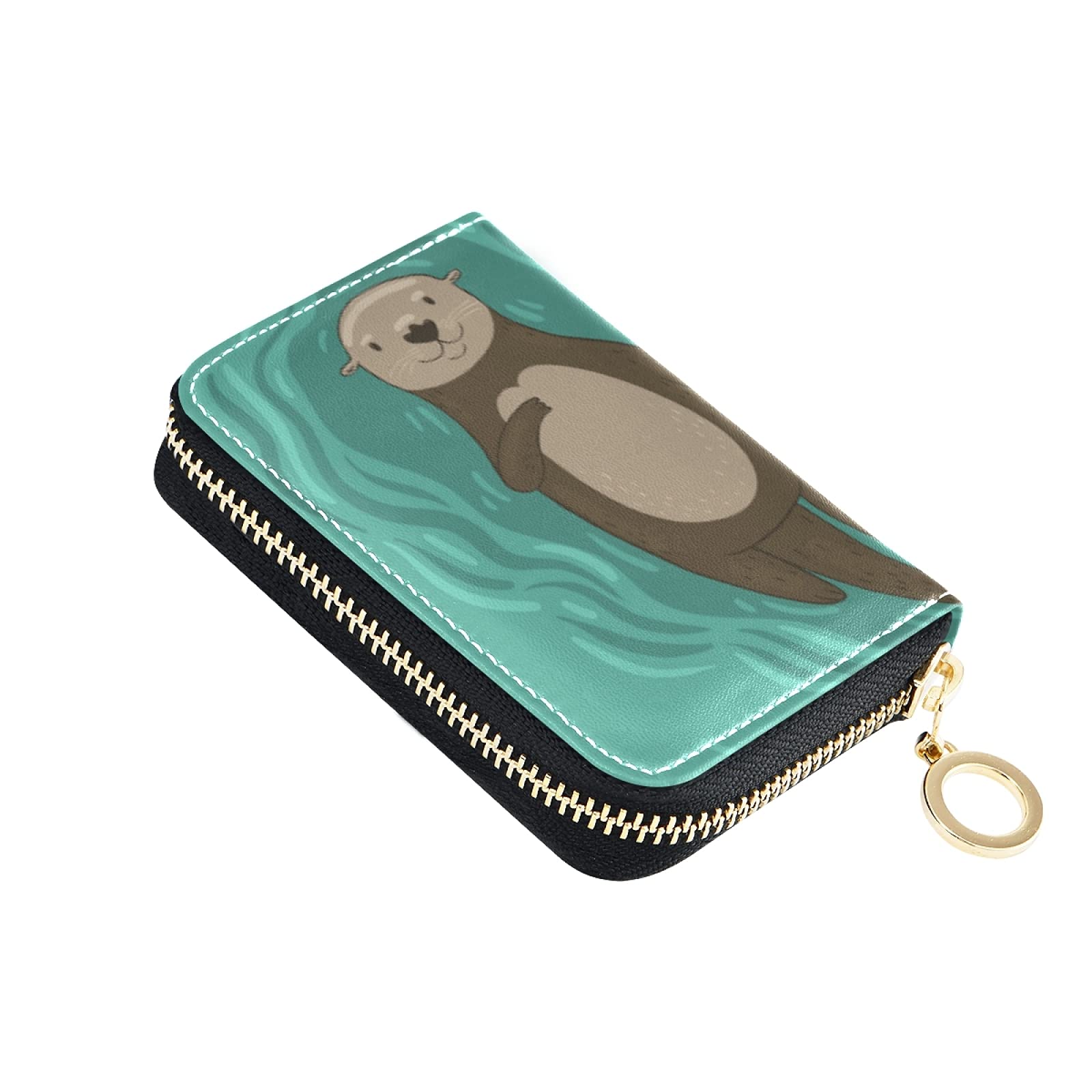 Heart Shaped Sea Otters in Love with You On Turquoise WaterGrey Credit Card Coin wallet, RFID Blocking Compact Women Leather Card Holder, Key Change Organizer, Zipper Purse Clutch Pouch Pocket