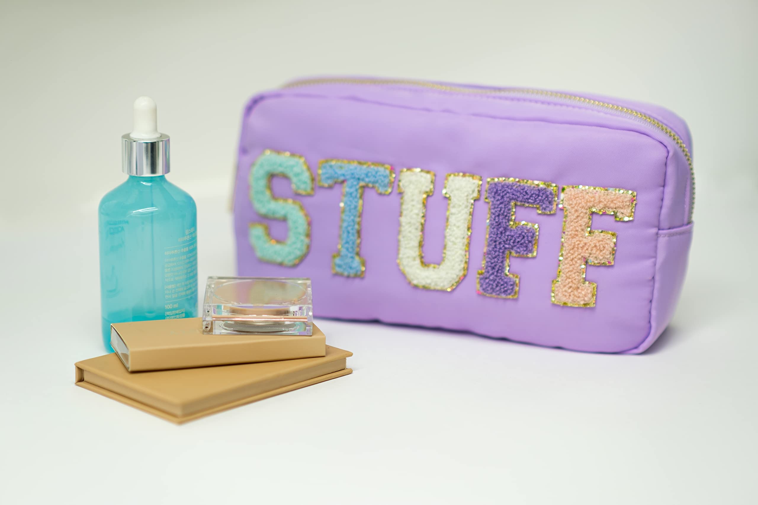 Chenille letter stuff bag, Nylon Cosmetic Bag, Preppy makeup bag, Preppy patch bag, Cosmetic pouch for women, Purple