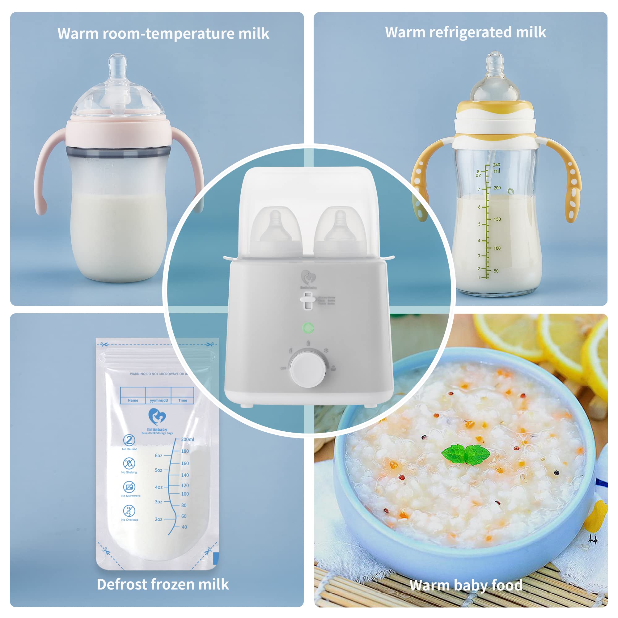 Bellababy Double Bottle Warmer, Fast Breastmilk/Formula/Food Heater, Accurate Temperature Control, Retain Nutrition Perfectly, Reminder When Bottle Ready, 24 Hours Keep Warm (Grey)
