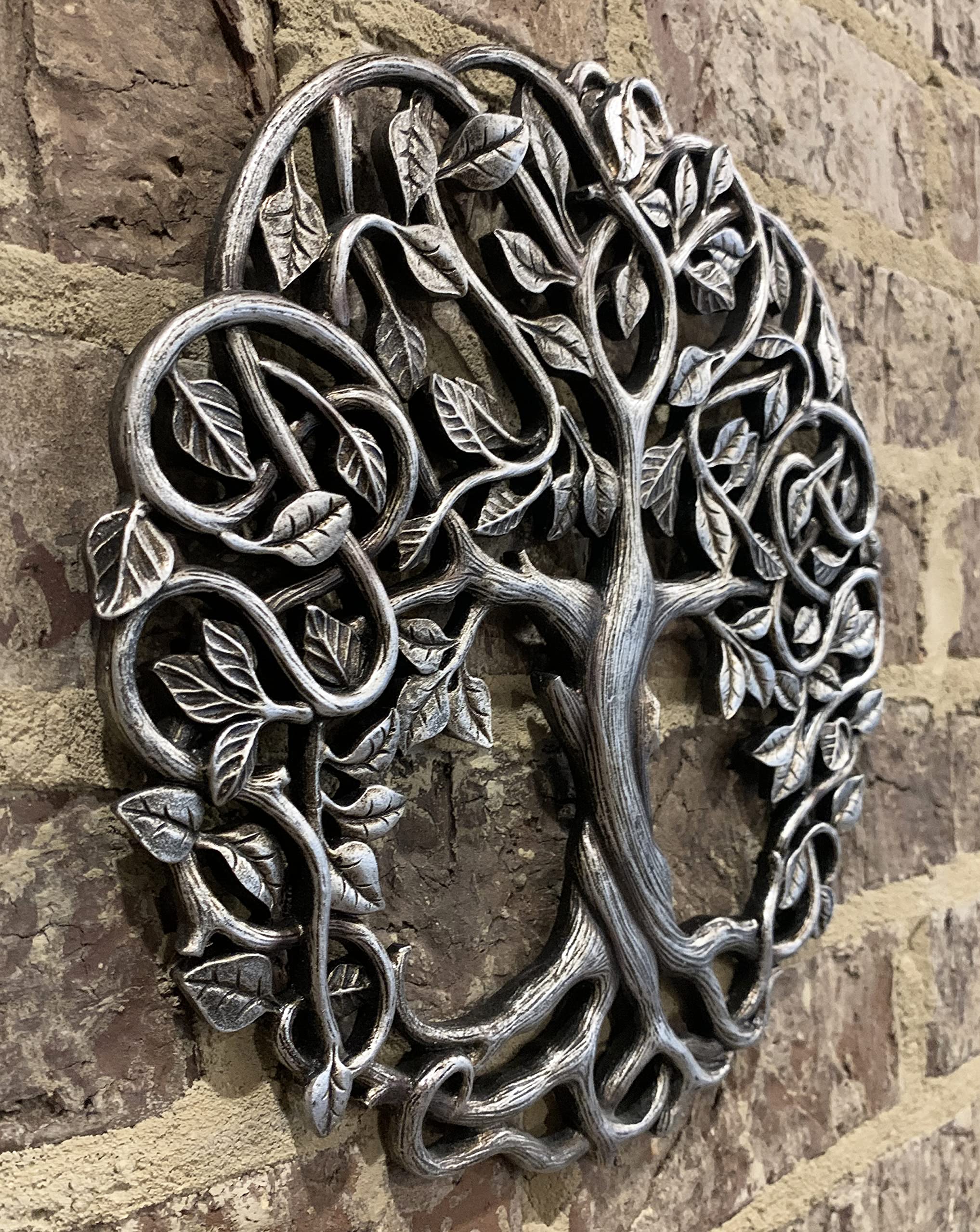 Top Brass Tree of Life Wall Plaque 11 5/8 Inches Decorative Celtic Garden Art Sculpture - Antique Silver Finish