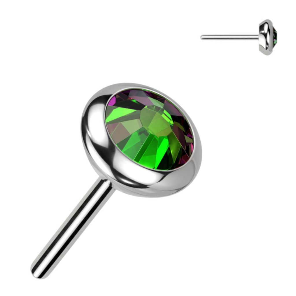 BODY DAZZ Bezel Set Flat CZ Push in Titanium Top, Use with Threadless Post for Labret, Nose Rings, Cartilage Earring, Lip Piercing (4mm Vitrail Medium CZ)
