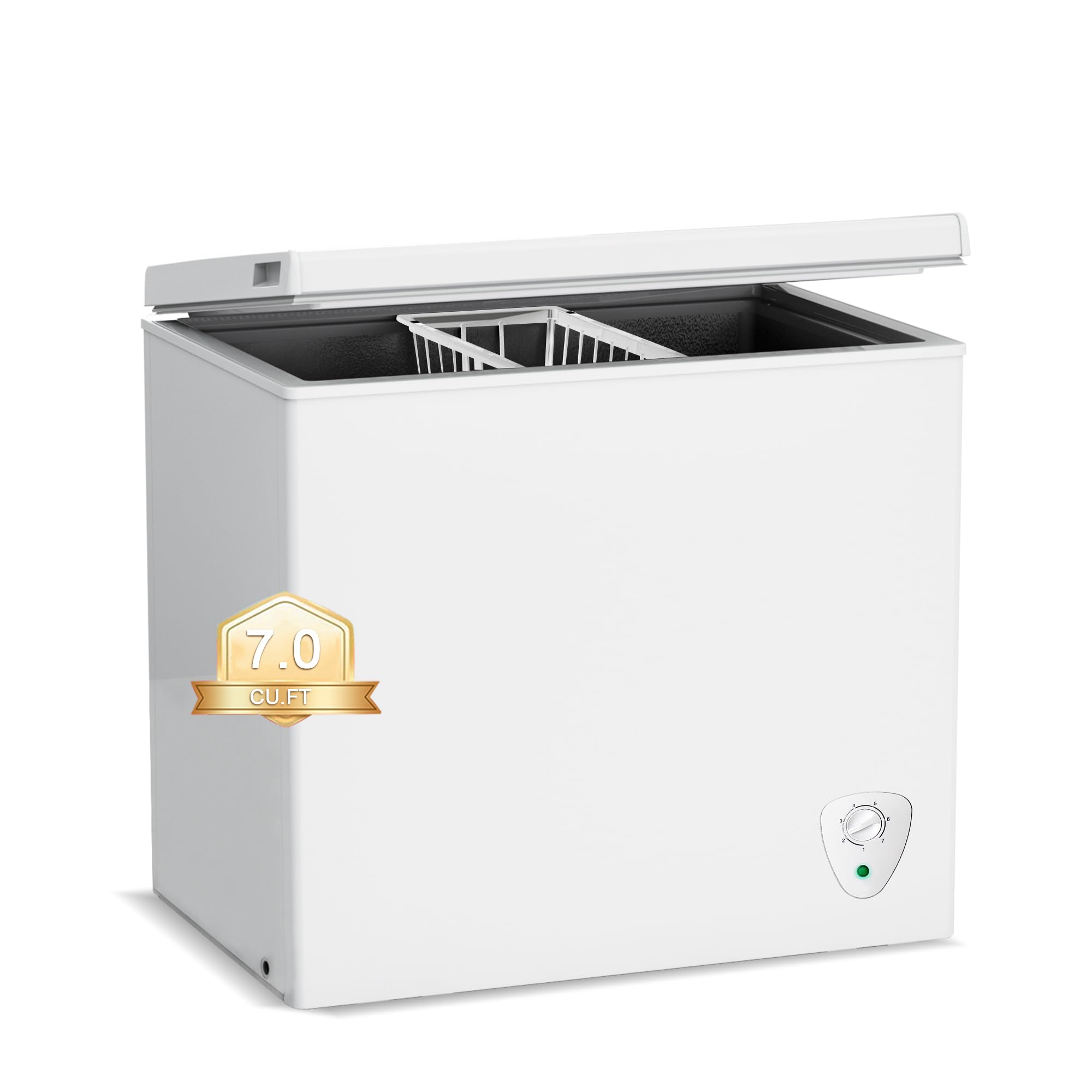 Chest Freezer 7.0 Cubic Feet with Removable Basket, Large Chest Freezer with 7 Adjustable Thermostat, Quiet Freezer Free-Standing Top Door Energy Saving Suitable for Dorm/Home/RVs, White