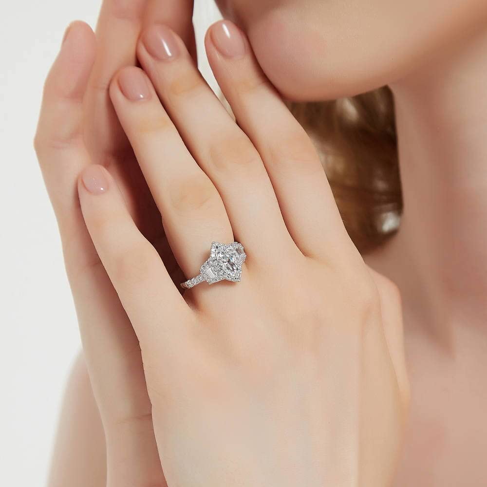 BERRICLE Sterling Silver 3-Stone Wedding Engagement Rings Marquise Cut Cubic Zirconia CZ Halo Ring for Women, Rhodium Plated Size 8