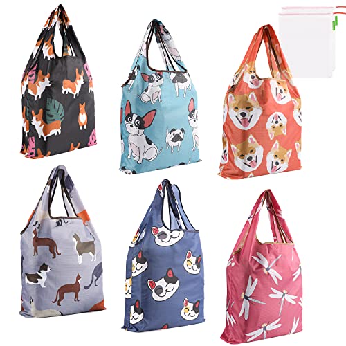 Oriveegyo Reusable Grocery Bags, 6-Pack Dog Cat Animal Print Recycle Shopping Bags, Handmade Nylon Fabric Market Shopper Shoulder Tote Bags (Bonus 2 Mesh Produce Bags) Multi-color