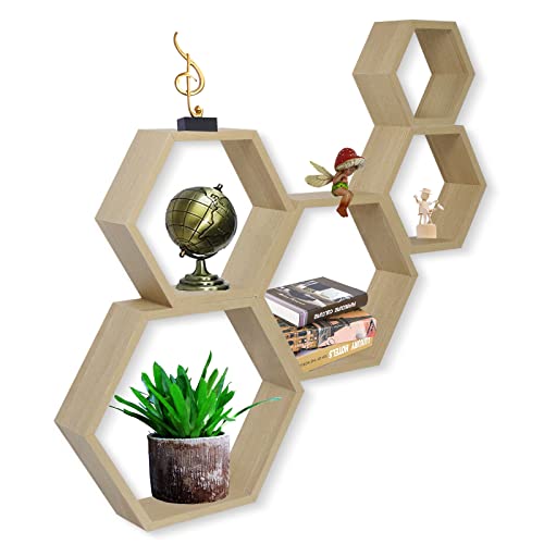 Goizxol Hexagon Floating Shelves Wall Mounted Farmhouse Wood Storage Honeycomb Wall Shelf Set of 5 Hexagonal Shelves Wall Home Decor Hexagon Shelves for Living Room Bedroom Office (Wood Grain Color)