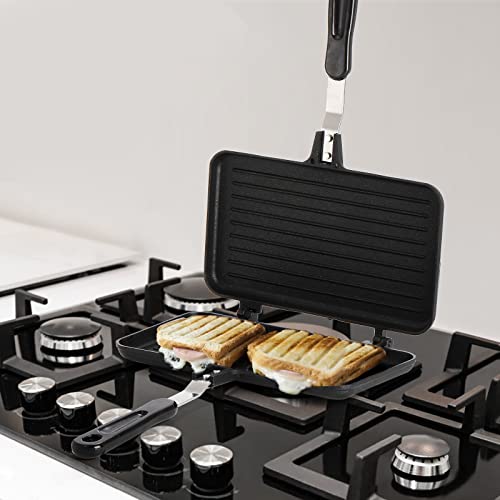 SOUJOY Sandwich Maker, Non-stick Gril Panini Maker Pan with Handle, Stovetop Toasted Aluminum Flip Pan Indoor Outdoor Home Kitchen Breakfast