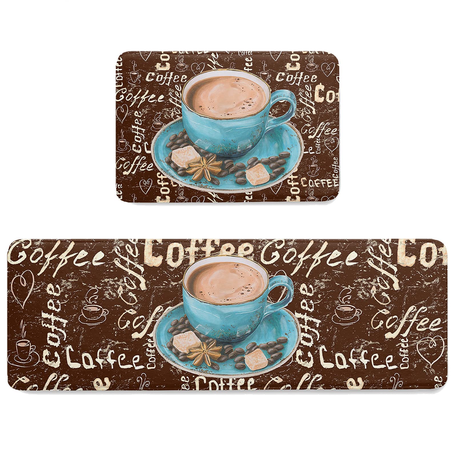 Coffee Kitchen Rugs Set 2 Piece 18x30in+18x47.2in, Non-Slip Kitchen Mats Set Rubber Backing Indoor Entry Door Mat Carpets - Vintage Blue Coffee Cup Beans Sugar Lump Brown