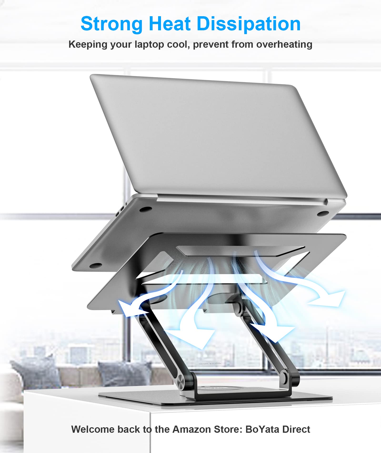 BoYata Laptop Stand for Desk, Adjustable Computer Stand with 360° Rotating Base, Ergonomic Foldable Laptop Riser Holder Compatible with All MacBook Pro/Air, Notebook up to 17"-Black