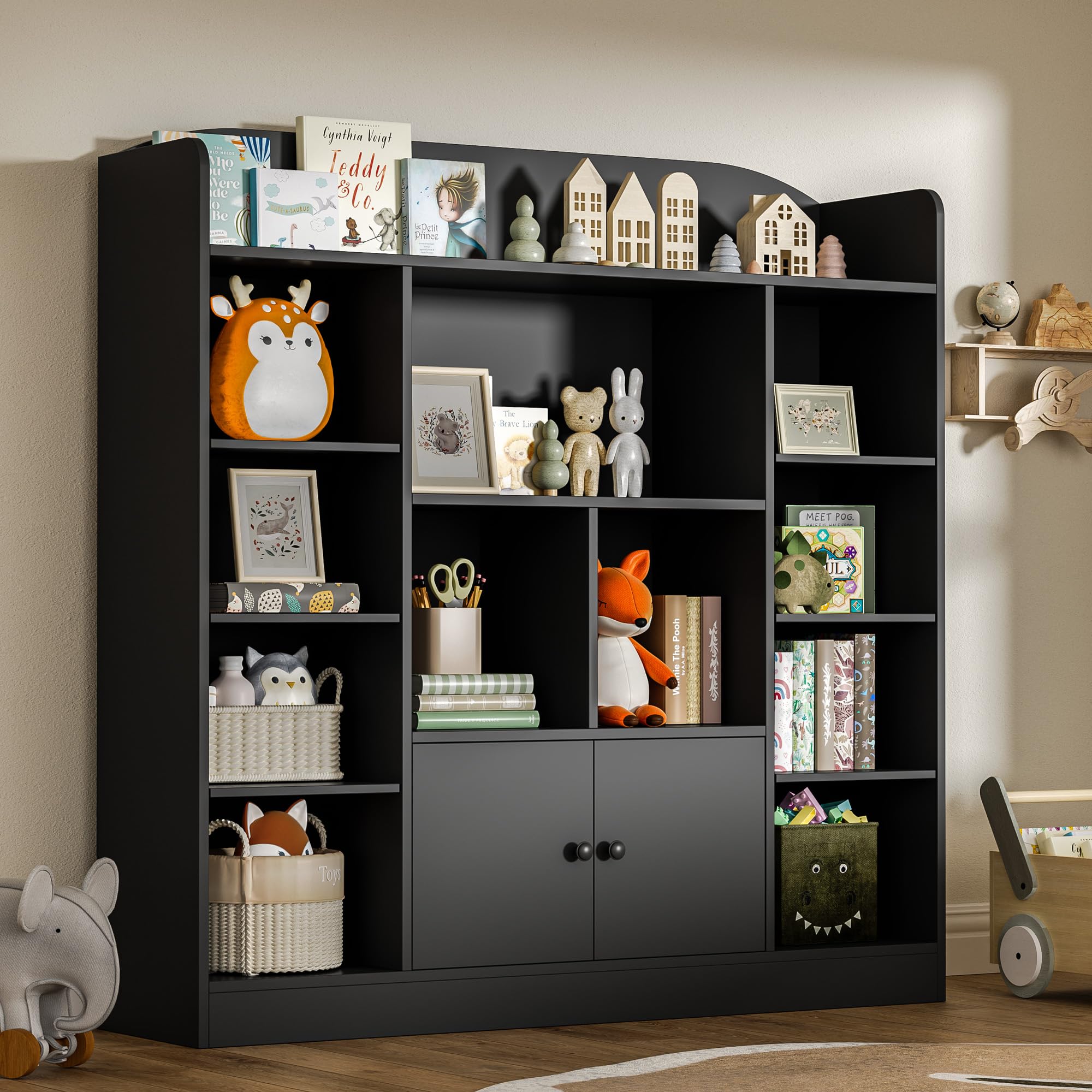 DIYART White Kids Bookshelf, Kids Bookcase with 11 Cubbies and 2 Cabinets, Freestanding Book Storage Shelves for Bedroom, Playroom, Hallway