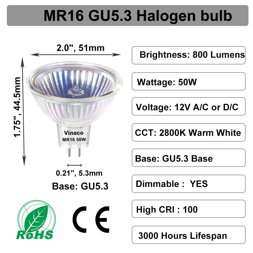 Vinaco MR16 Bulb,6 Pack MR16 Halogen Bulb 50W GU5.3 Base, 800LM High Output MR16 12V 50W Halogen, 2800K Warm White MR16 Dimmable with Clear Glass Cover, MR16 GU5.3 for Landscape, Track Lights
