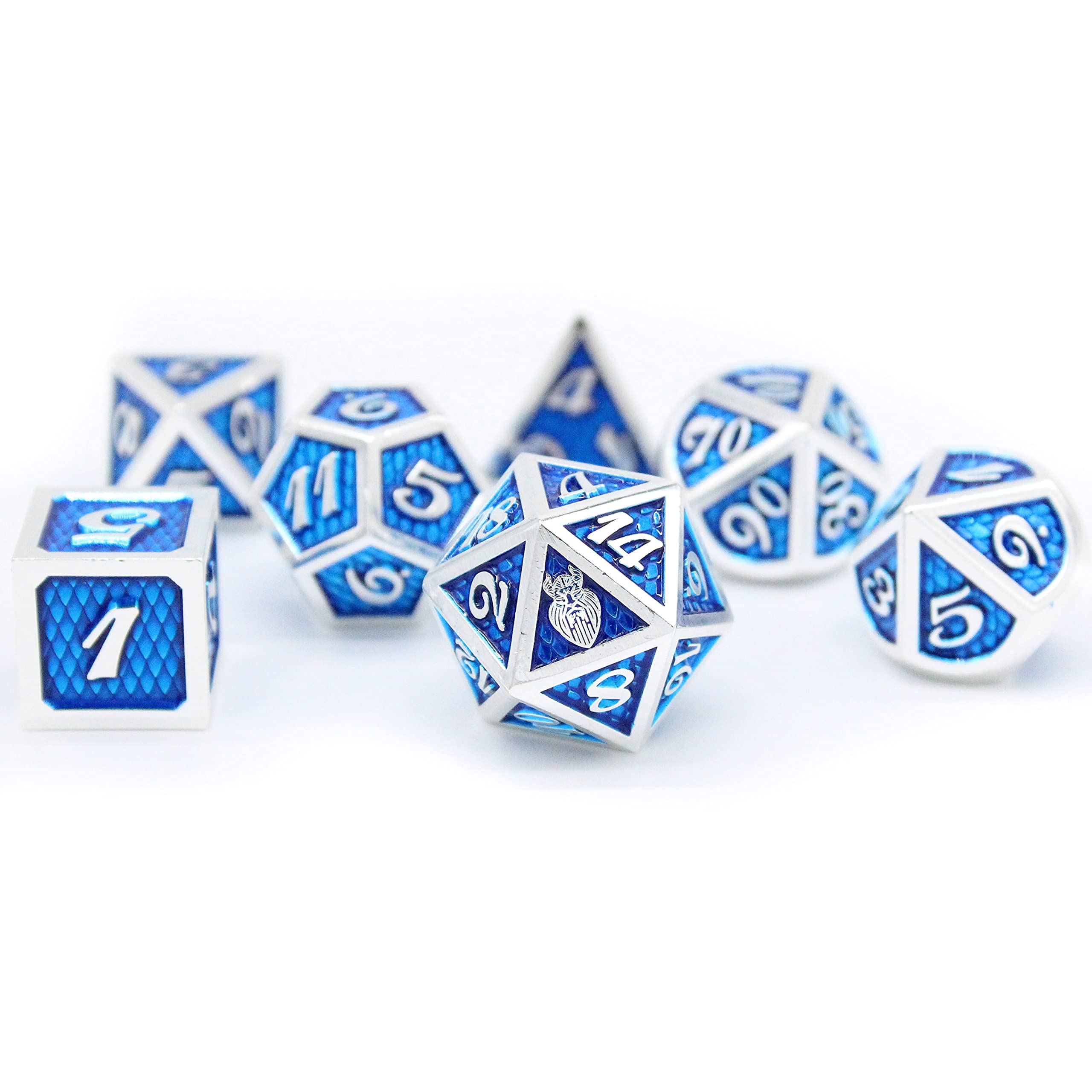 HEIMDALLR Metal DND Dice Set 7 pcs - Dragonhide Design, 16mm Size, Logo on D20; Metal Dice Set & Dice Box; D&D Dice Set D&D (Dungeons and Dragons Dice Set) - Jormungandr Series (Frosteater)