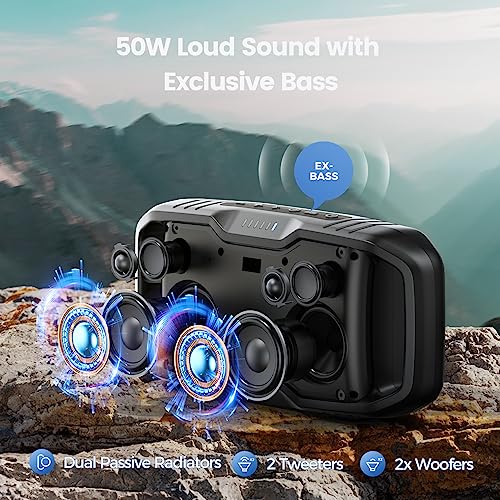 DBSOARS Bluetooth Speakers with Subwoofer, Portable 50W Stereo Sound Wireless Speaker, IPX5 Waterproof Outdoor Speakers with TWS Pairing, Built-in Mic, Power Bank, 30H Playtime, AUX for Camping, Beach