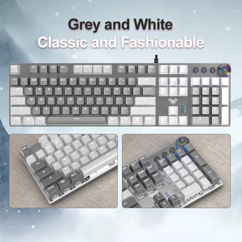 AULA F2088 Grey Mechanical Keyboard Wired with Wrist Rest, Media Knob, PBT Keycaps, White LED Backlit, 104 Keys Programmable Ergonomic Gaming Keyboards for PC MAC Desktop Computer Gamer (Black Switch)