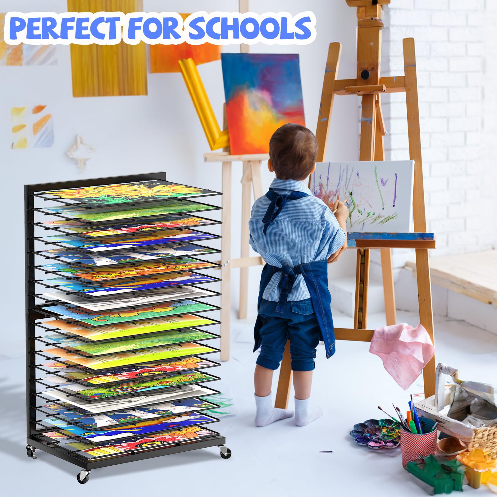 Blasinc Art Drying Rack, 18 Removable Shelves, Mobile Painting Drying Rack with Wheels, Canvas Rack for Classroom, Art Storage