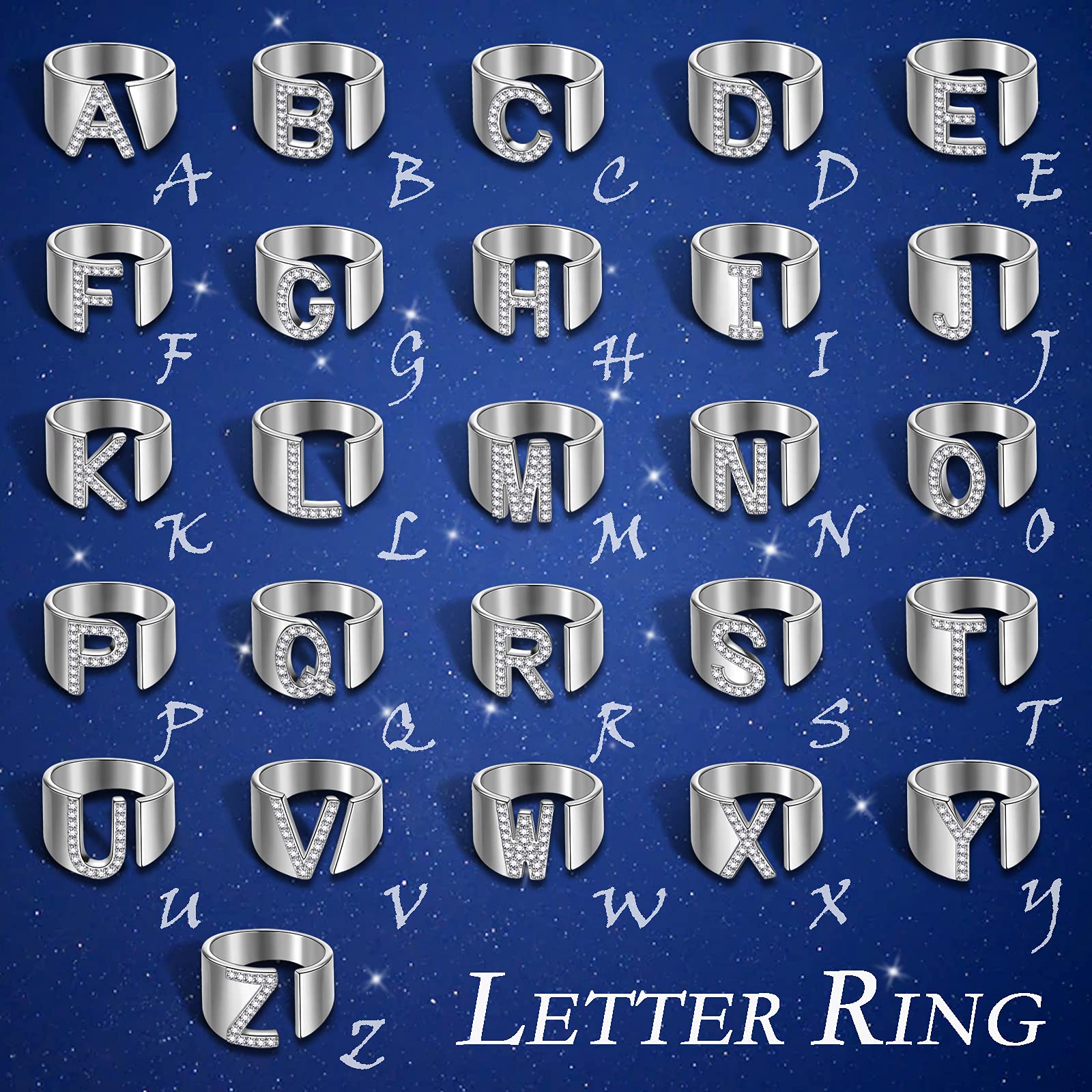 beautlace Letter B Rings Adjustable Silver Plated Initial B Alphabet Open Ring with Cubic Zirconia Jewelry for Men and Women KR0037B-W
