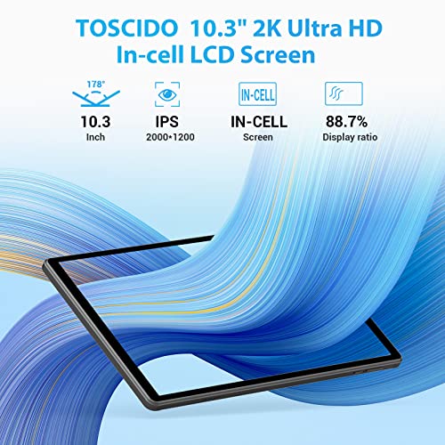 TOSCiDO Tablet 2023 Android 12 Tablets 10.3 inch 2K FHD Tableta,15GB Ram 128GB ROM 2TB Expand,8 Core 12nm CPU Tablet PC,2000 * 1200 IPS, in-Cell LCD Screen,8000mAh,5G WiFi,GPS,8+13MP Camera,Black