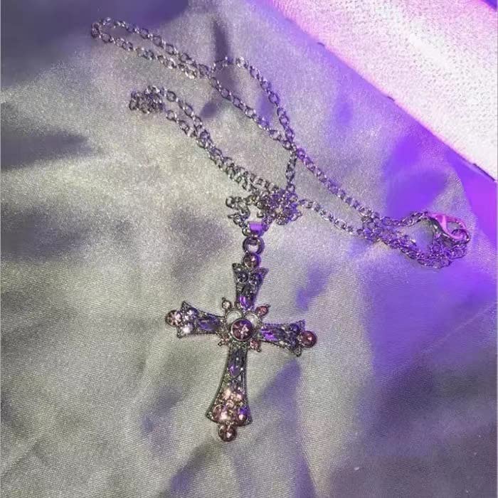 Pink Crystal Cross Pendant Necklace Gothic Punk Indie Cross Zircon Choker for Egirl Eboy Woman