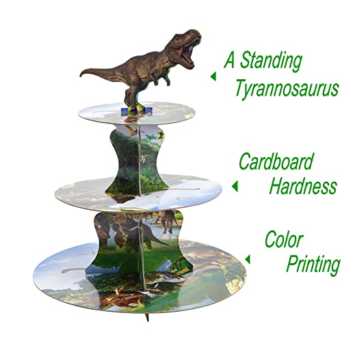 Dinosaur Cupcake Stand 3 Tier Cupcake Stand for Boys Dinosaur Birthday Party Cardboard Cupcake Stand for 24 Cupcakes