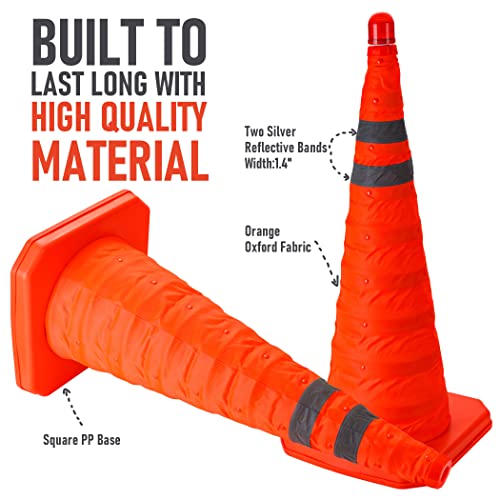 Cartman 4 Pack 28 Inch Collapsible Traffic Cones with LED Light, Multi Purpose Pop up Reflective Safety Cones, Pack of 4, Battery Included