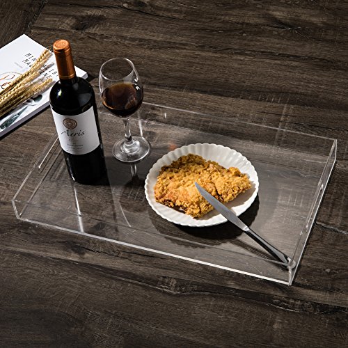 Sooyee Acrylic 16" x 12" Plastic Tray for Coffee Table,Kitchen,Bathroom,Food,Vanity Countertop,Large Ottoman Decorative, Serving Tray with Handles,Clear