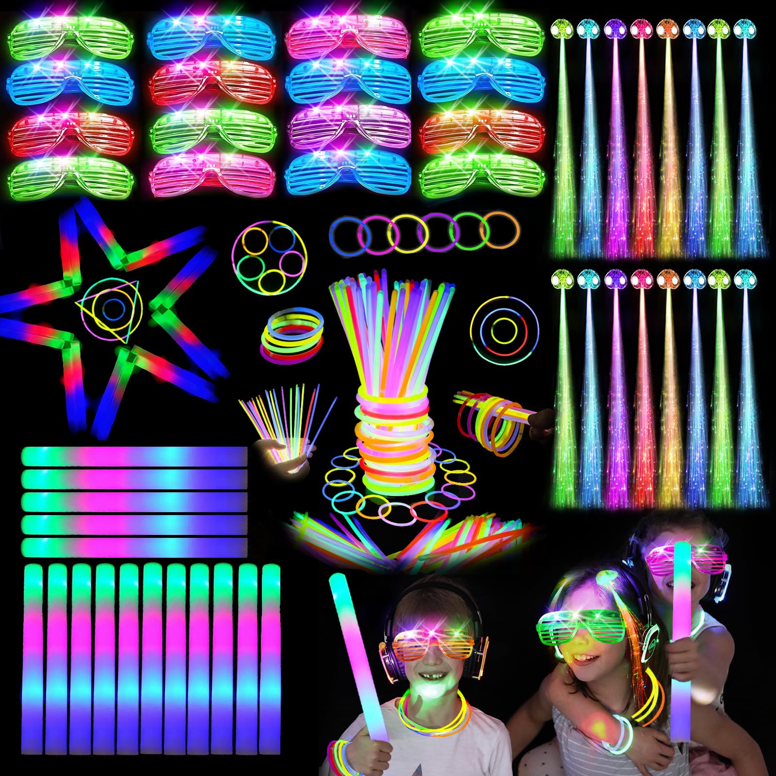 BAIJLE 148 PCS Glow in the Dark Party Supplies, 16PCS Foam Glow Sticks, 16PCS LED Glasses,100PCS Glow Sticks Bracelets and 16Pcs LED Hair Clips Fiber Optic for Glow Party, New Year, Wedding, Concert