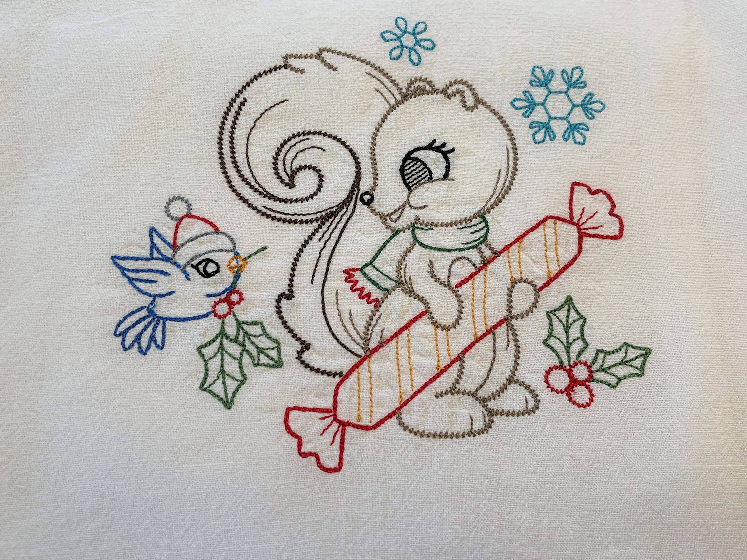 Christmas embroidered tea towel, flour sack towel, vintage pattern, 1 in set of 7 designs, Christmas animals,