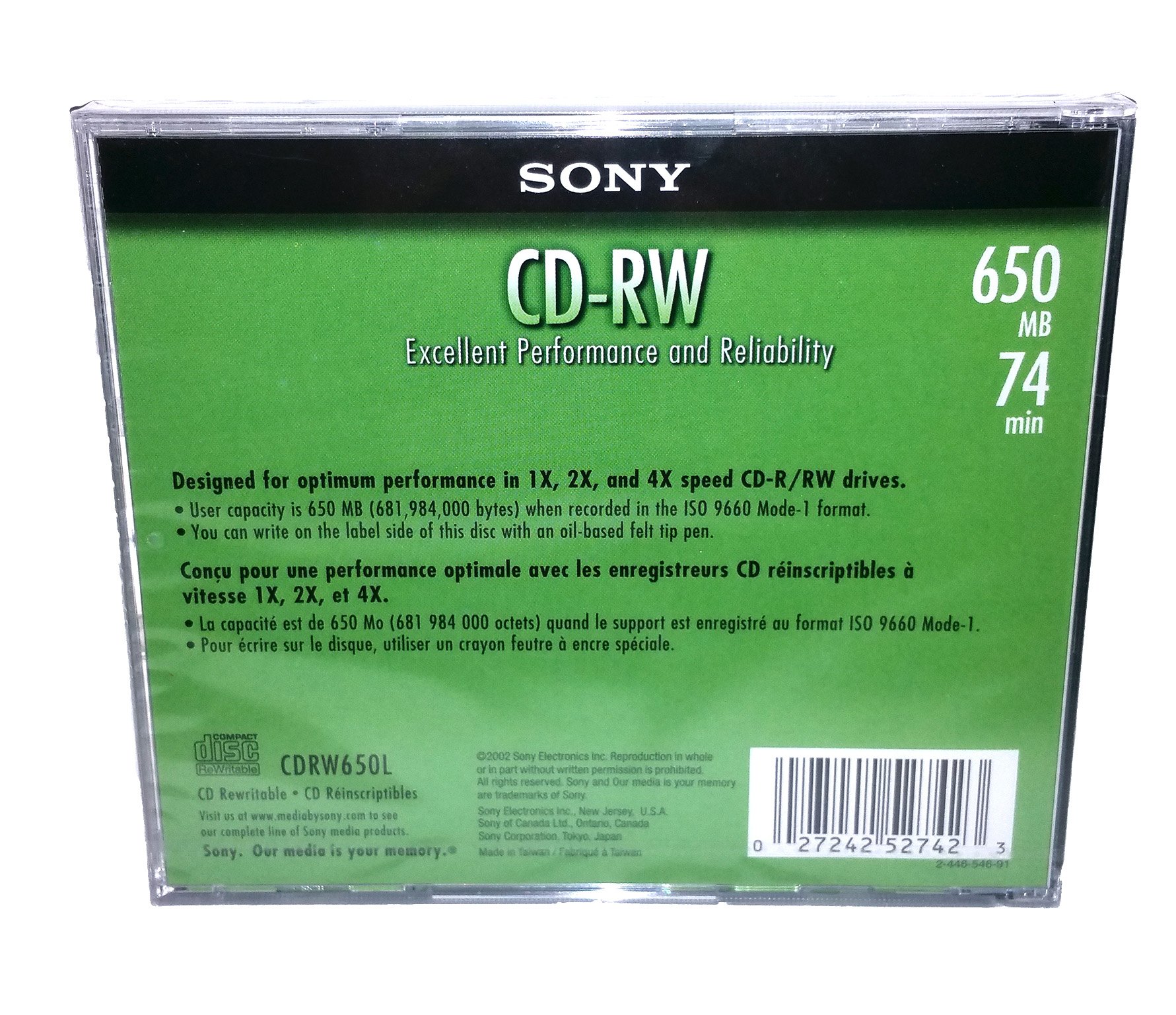 Sony CD-RW 650 mb 74 min 1x-4x Rewritable Blank CD-ROM Disks CDRW650L with Jewel Cases - 4 Pack