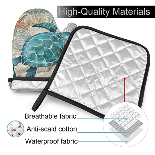 Blue Sea Turtle Nautical Map Area Oven Mitts Pot Holders Sets Heat Resistant Insulated 356°F/180℃ Non-Slip Waterproof Gloves Hot Pads Potholders for Kitchen Decorative Cooking Baking Grilling BBQ
