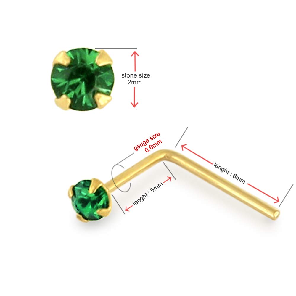 AtoZ Piercing - 9K Solid Yellow Gold Claw Set 2MM Emerald Green Crystal Stone 22 Gauge L Bend Nose Stud Piercing Jewelry