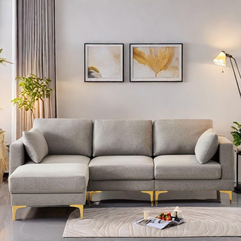ChicFurnit Sectional Sofa,L Shape Couch with Built-in USB Interface and a Convertible Footstool,108.6'' Fabric Upholstery Sofa with Gold Metal Legs and Two Pillows for Living Room,Bedroom,Grey
