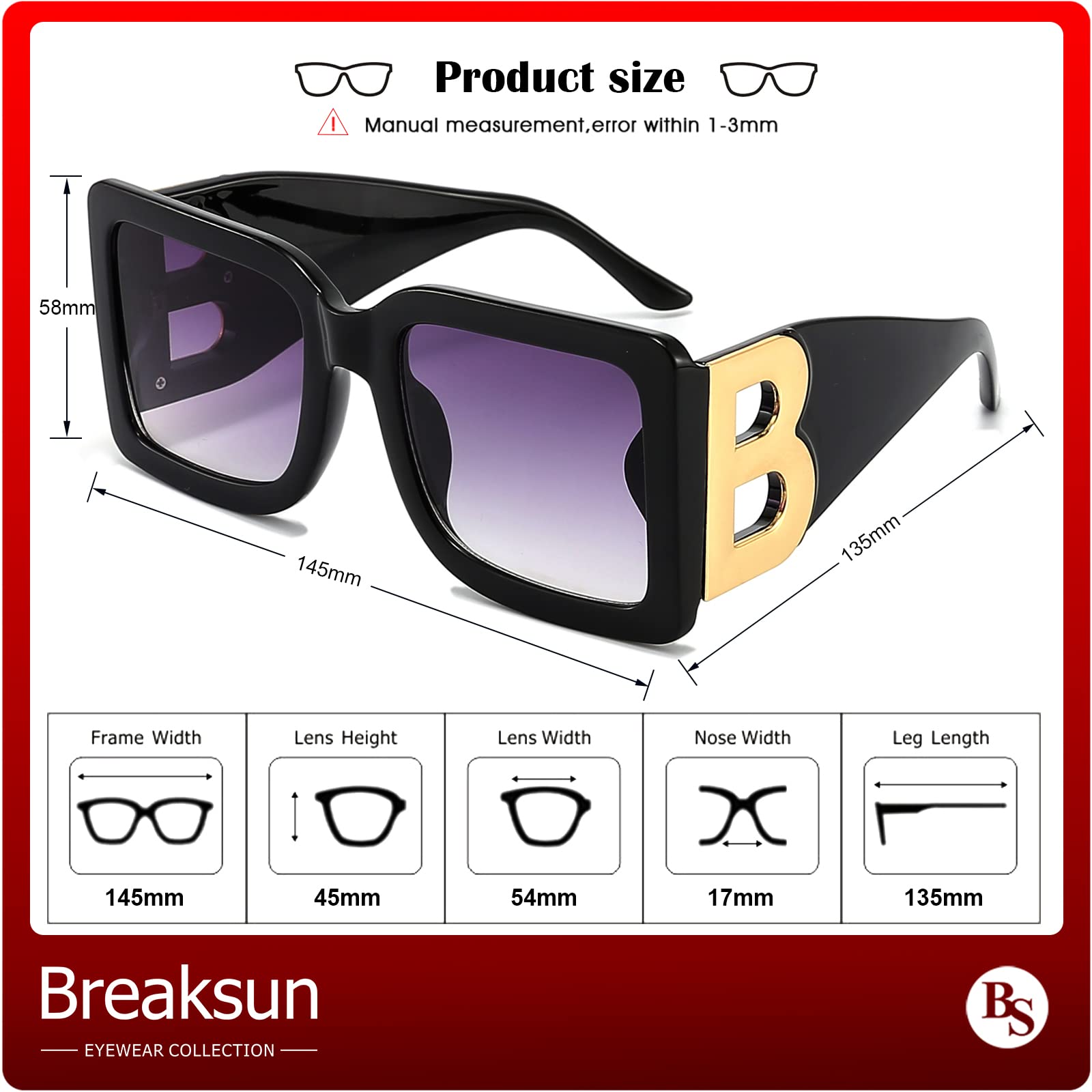 Breaksun Fashion Big Square Sunglasses for Women Men Classic Black Luxury Designer Sun Glasses Thick Frame Gradient Tint (Black/Grey/Black Character)