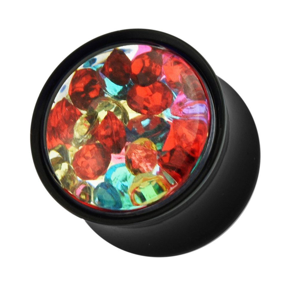 AtoZ Piercing 0 Gauge - 8MM Colorful Multi Colored Crystal Beads in Black UV Acrylic Double Flared Ear Plug - Sold by Piece
