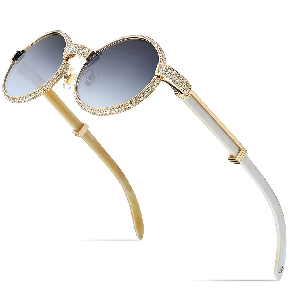HEPIDEM 100% Really Buffalo Horn Luxury 720pcs Diamonds Sunglasses (White Frame Gradient Gray Lens)