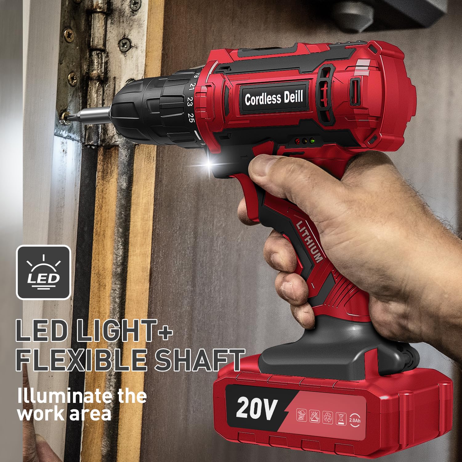 Cordless Drill 20V, Drill Set with 42pcs Accessories and Battery 2.0Ah, Electric Drill 25+1 Position, 2 Speed, 3/8 Inch Keyless Chuck, LED Light, Power Drill for Home DIY and Garden Repair