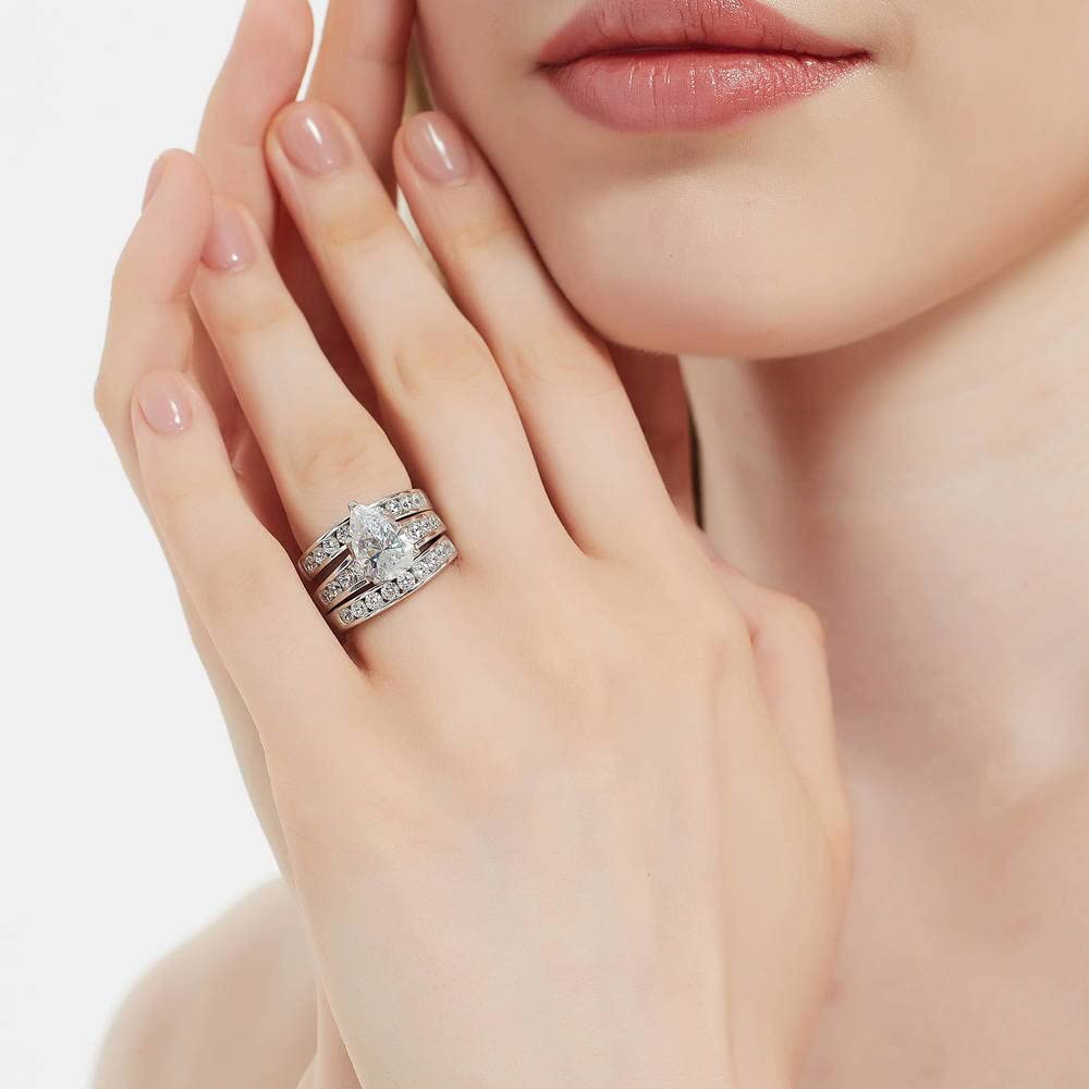 BERRICLE Sterling Silver Solitaire Wedding Engagement Rings 3 Carat Pear Cut Cubic Zirconia CZ Ring Set for Women, Rhodium Plated Size 5.5
