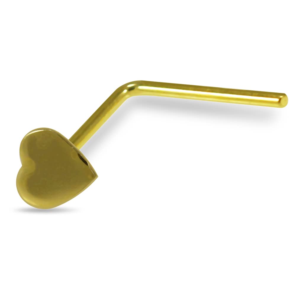 AtoZ Piercing 9KT Solid Yellow Gold 22 Gauge (0.6MM) Flat Heart Nose Stud L Bend L Shaped Nose Ring