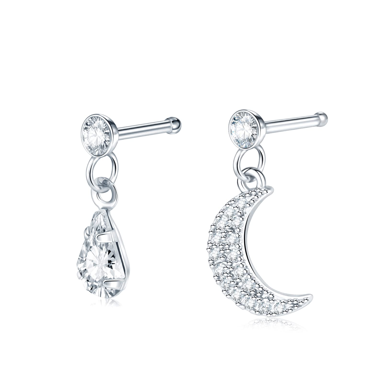 Aumeo 20G Dangle Nose Rings Studs Surgical Steel Bone Shaped Nose Studs Butterfly Star Moon CZ Crystal Dangling Nose Piercing Jewelry for Women (Nose Stud-Moon and Water Drop)