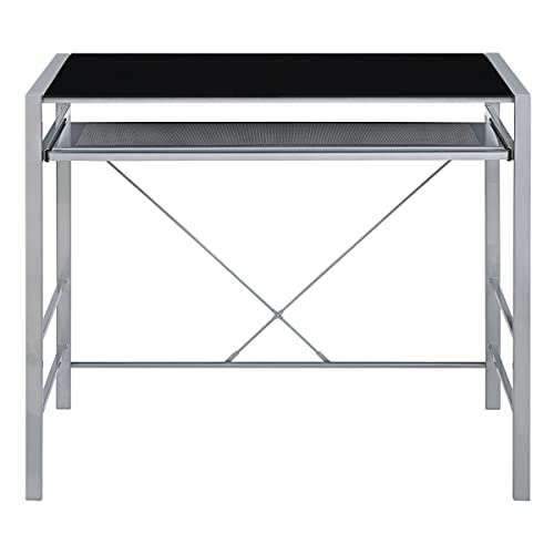 OSP Home Furnishings Zephyr Computer Desk with Keyboard Shelf and Tempered Glass Top, Black Glass and Silver Frame
