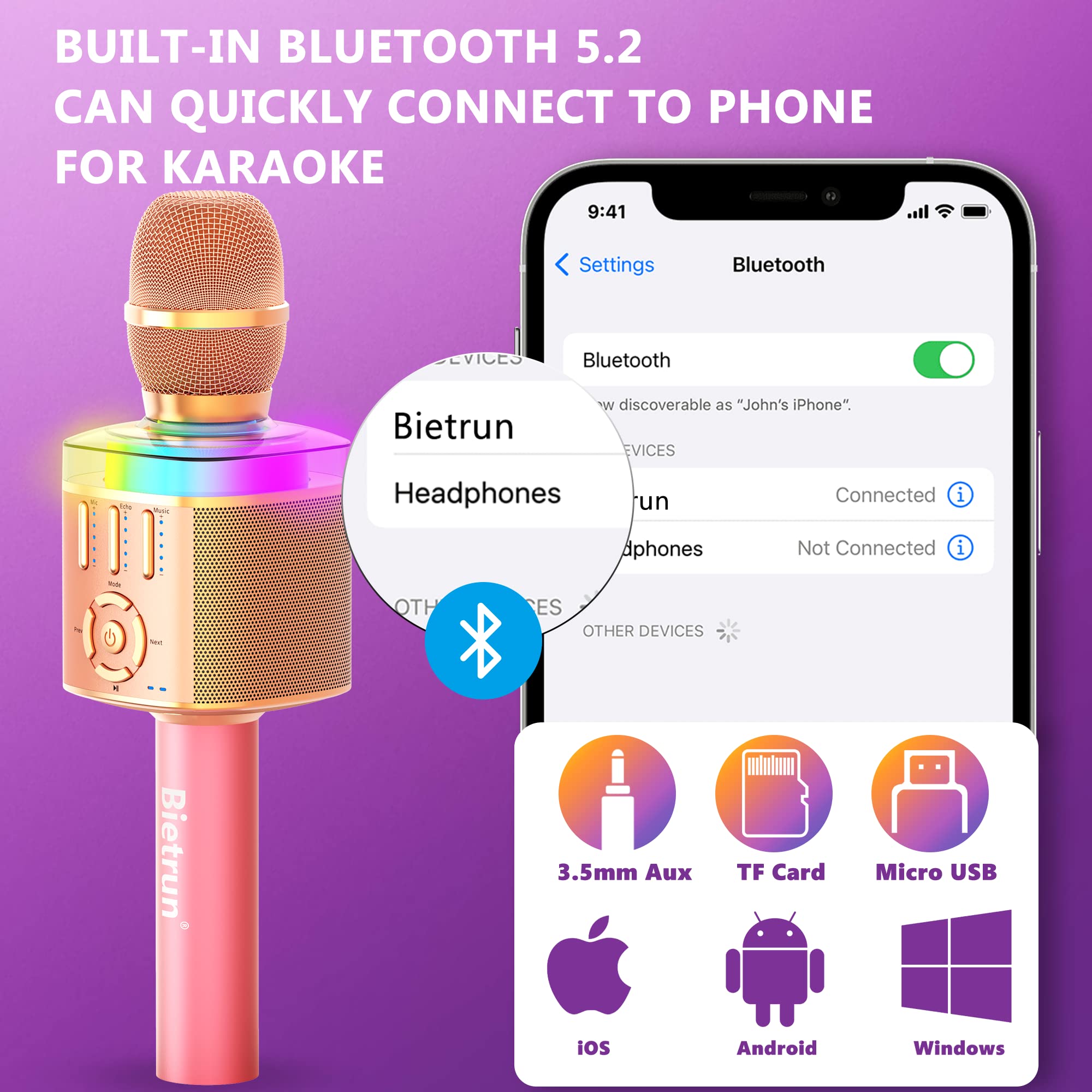 Bietrun Karaoke Microphone for Singing with 4 Magic Sounds, Bluetooth Portable Metal Handheld Cordless Dynamic Rechargeable Wireless Mic with Speaking, RGB Light, 8hrs Work Time, AUX, TF