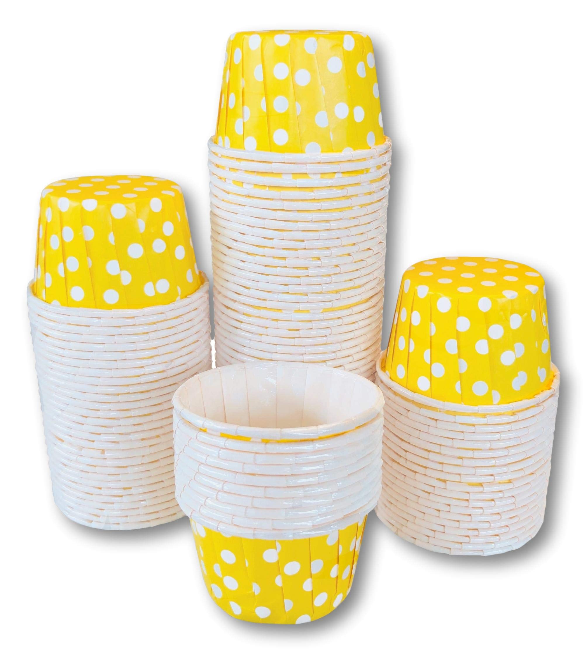 Bulk MINI Candy Nut Paper Cups - Mini Baking Liners - Yellow White Polka Dot - 100 Pack