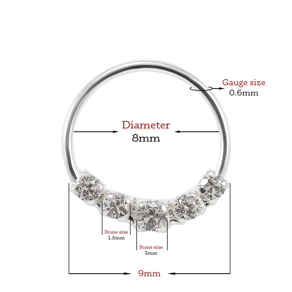 AtoZ Piercing Silver Plated Five Crystal Stone Paved 22 Gauge (0.6MM) - 8mm Diameter 925 Sterling Silver Open Hoop Nose Ring Jewelry