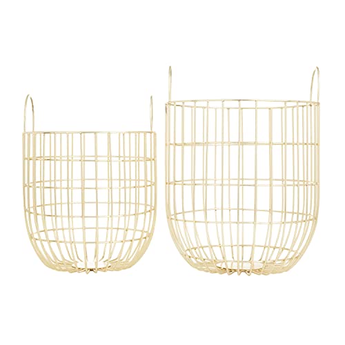 Deco 79 Contemporary Metal Round Storage Basket, Set of 2 13", 11"W, Gold