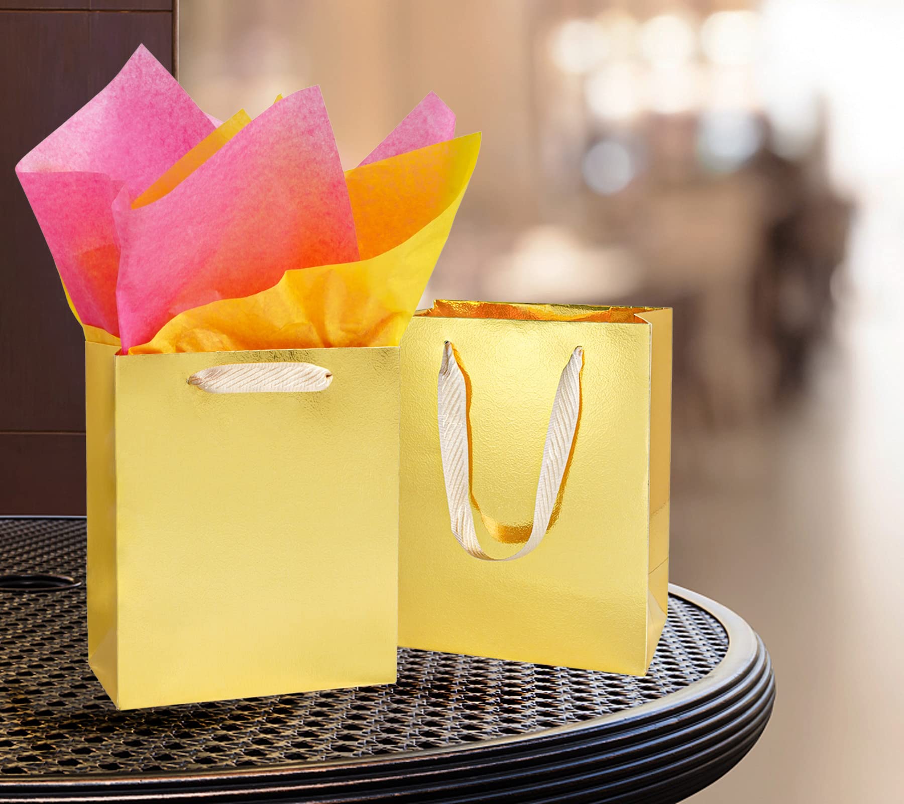 UnicoPak Gold Gift Bags Medium Size 8x4x10 20Pcs, Glossy Finish Waterproof Surface with Embossed Pattern, Gift Bags with Handles Gold Gift Bags for Birthday, Party, Wedding, Shopping