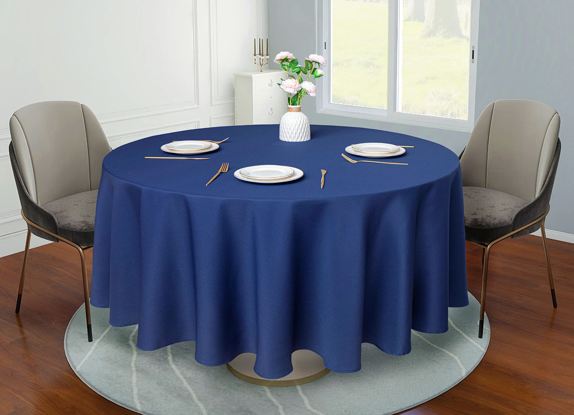 Biscaynebay Textured Fabric Tablecloths 108" Round for Tables' Diameters from 48" to 72", Navy Water Resistant Washable Tablecloths for Dining, Kitchen, Wedding & Parties etc.