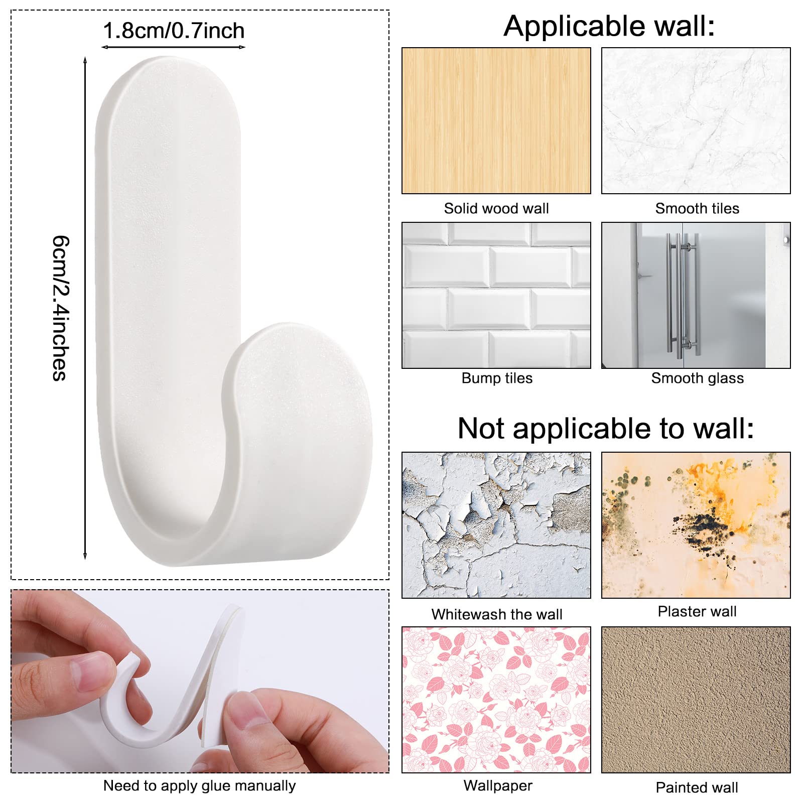 Yulejo Plastic Adhesive Hooks Adhesive White Hooks Wall Hangers Door Hooks for Hanging Towels, Jackets, Kitchenware and Light Strip (20)