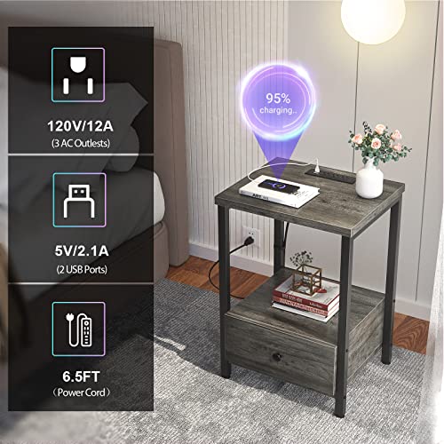 Ecoprsio Nightstands Set of 2 with Charging Station, Modern Night Stand Bedside Table with Storage Drawer and Shelf, End Side Table with USB Ports & Power Outlets for Bedroom Living Room, Grey Oak