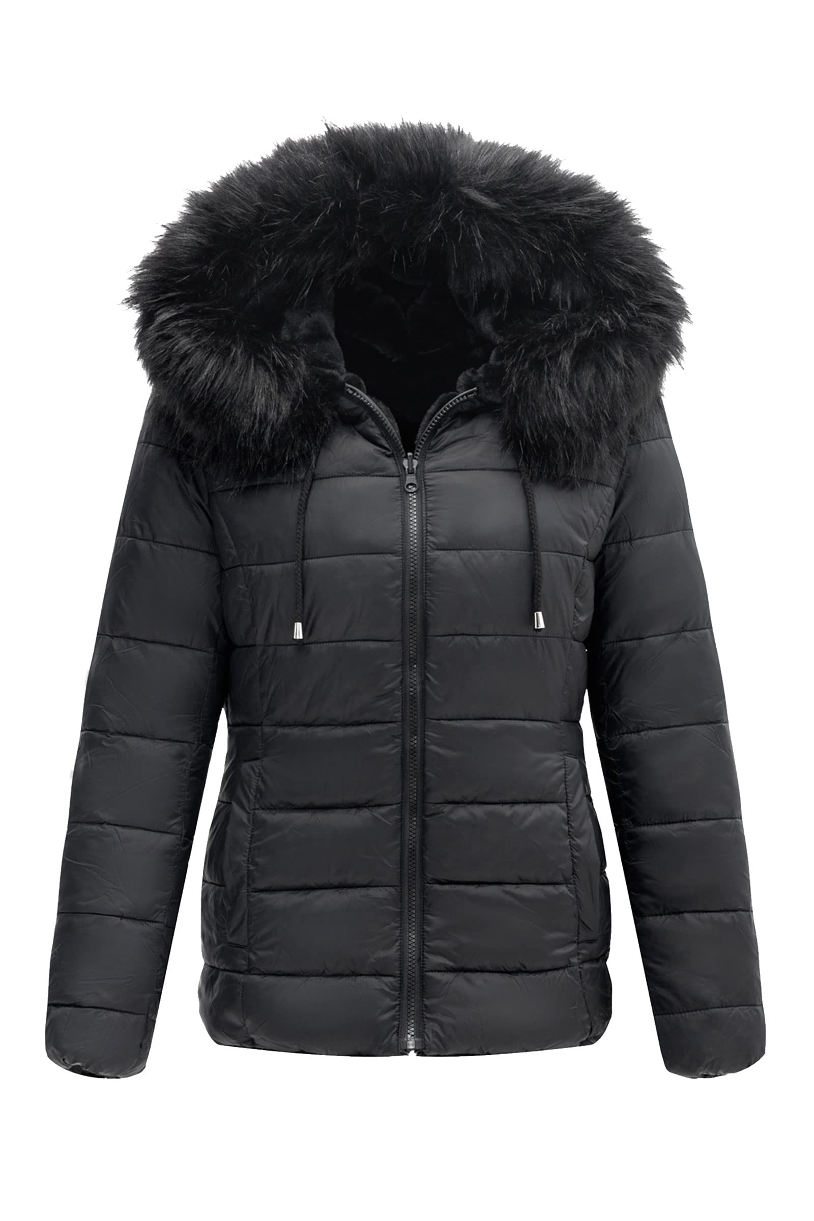 Bellivera Women Double Sided Faux Fur Jacket with Fur Collar, The Puffer Coat Worn on Both Sides 19225 Black XXL