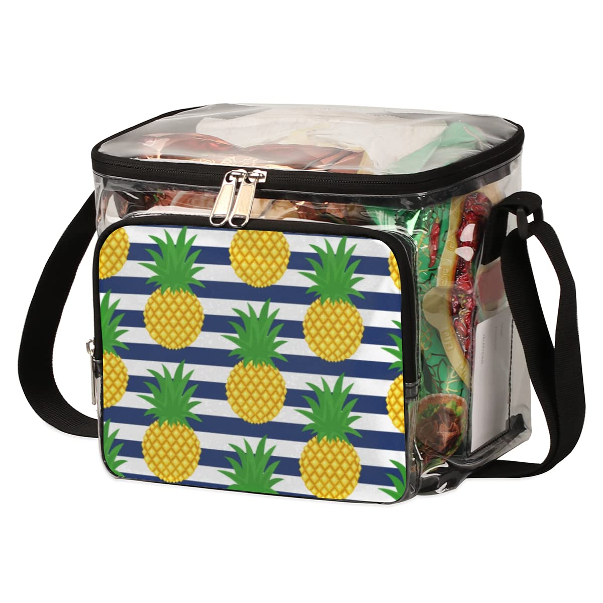 bisibuy Pineapple Striped Background Clear Lunch Bag Stadium Approved PVC Plastic See Through Lunch box with Adjustable Strap for Sports Events Concerts Office