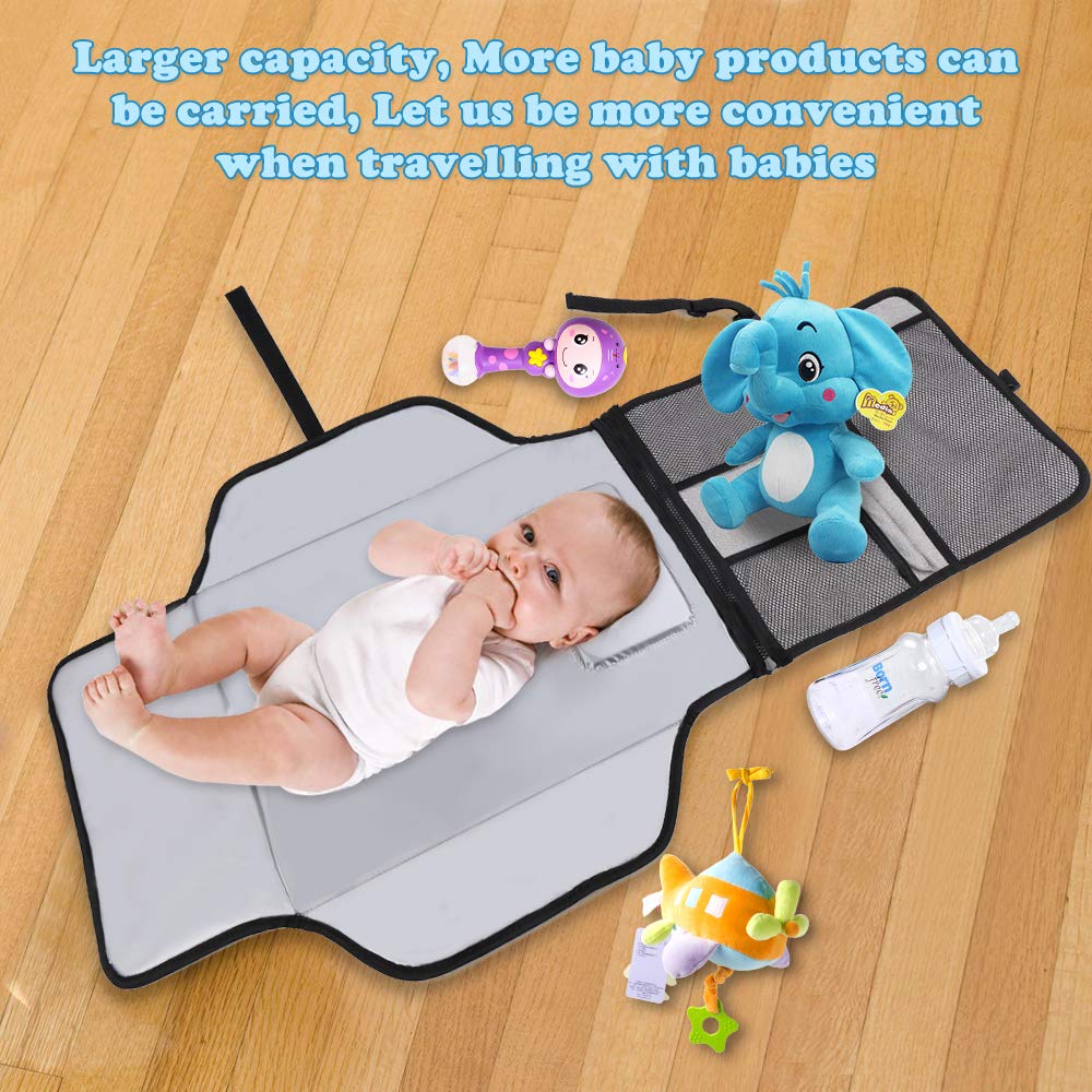 Baby Portable Changing Pad, Waterproof Diaper Bag, Travel Mat Station Built-in Head Cushion and Pockets Grey Large