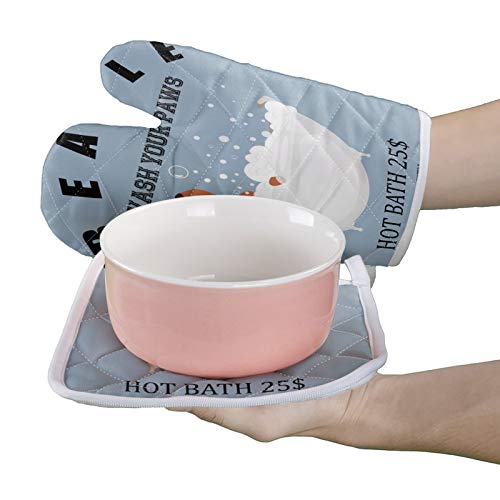 Cartoon Animal Oven Mitts and Pot Holders, Premium Insulation Ideal for Handling Hot Kitchenware, Hot Pads Potholders for BBQ, Cooking, Baking, Microwave, Grilling Cute Beagles Dog in Bubble Bath